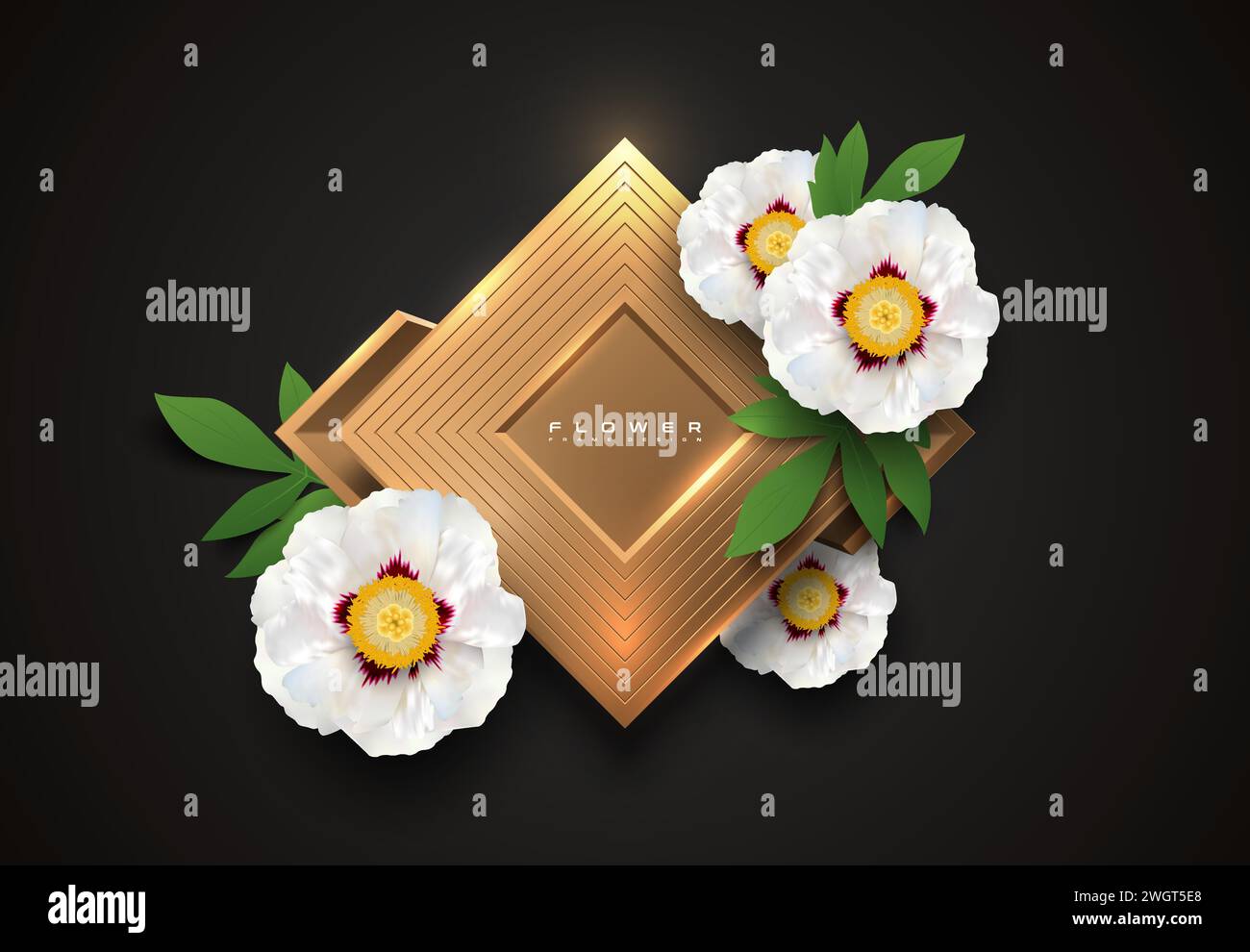 Gold edge rhomb antique luxury logo frame with big white peony flowers ...