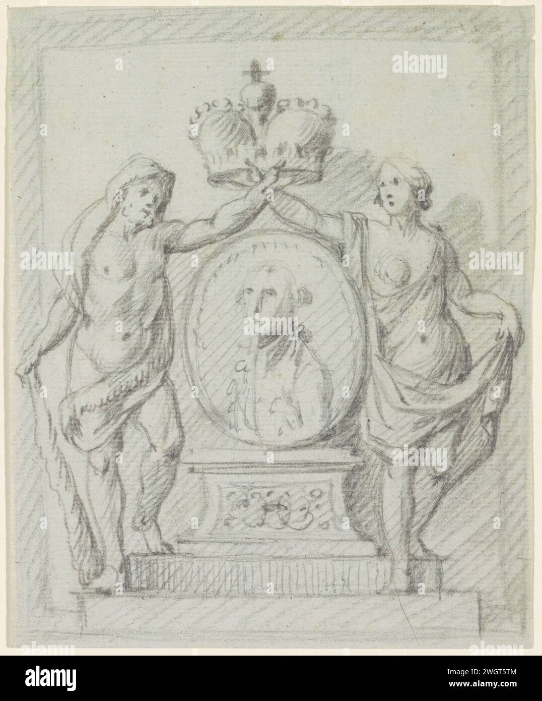 Grave monument with medallion and standing figures, anonymous, 1650 - 1800 drawing A burial ...