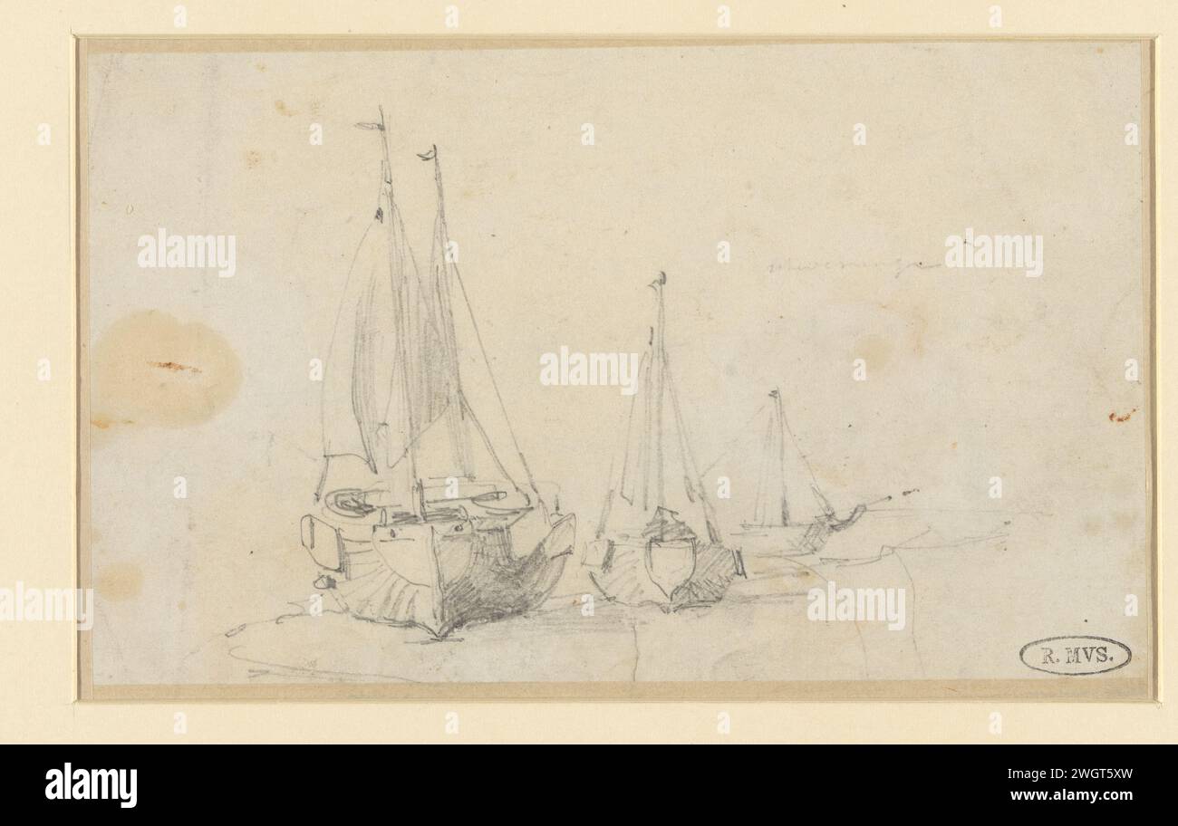 Ships on the beach, Jan Weissenbruch, 1832 - 1880 drawing paper. pencil ...