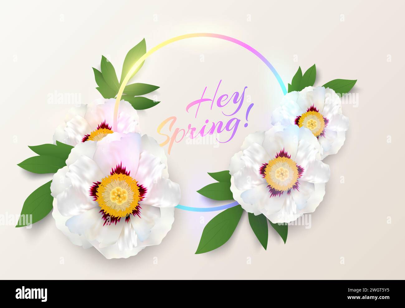 Neon light circle logo frame with Hey spring text, big white peony ...