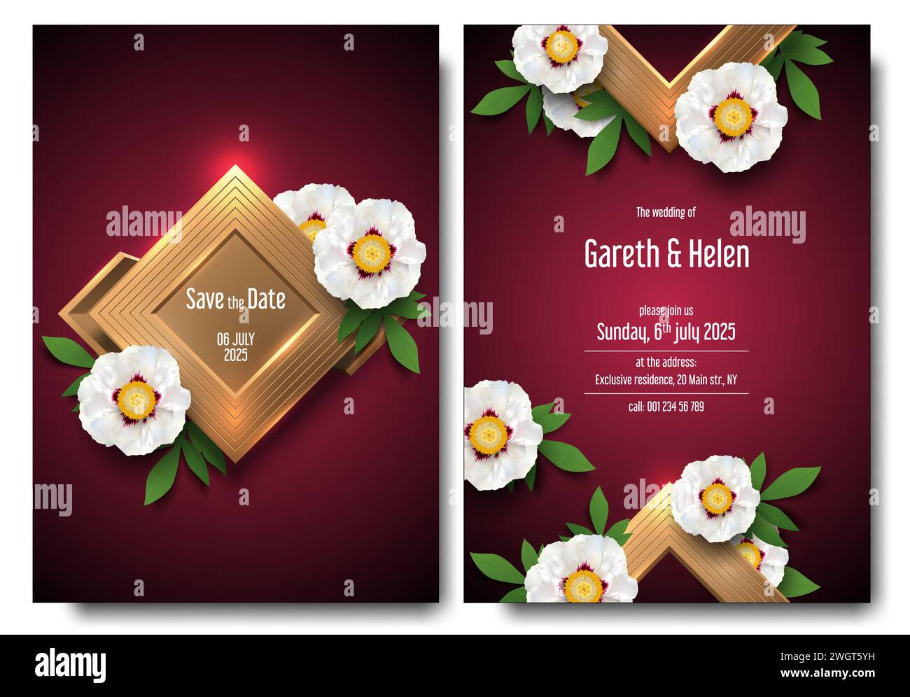Floral wedding invitation card template design, white peony flower with ...