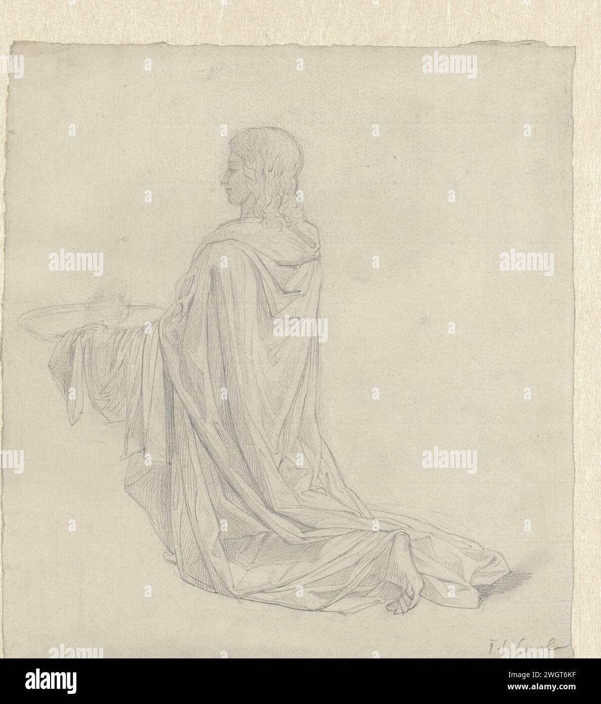 Kneeld boy in wide cloak with a bowl, Thomas Simon Cool, 1841 - 1871 ...