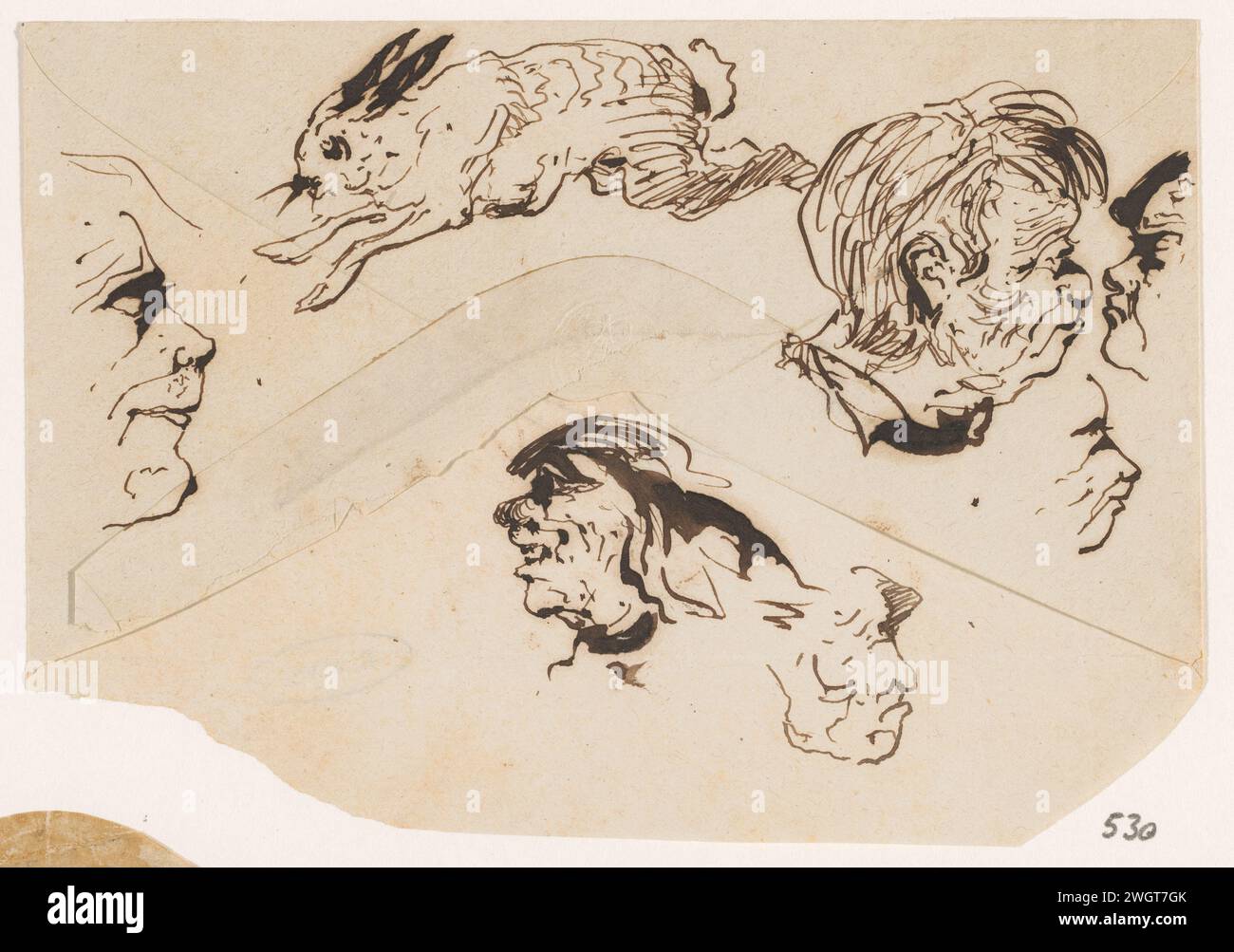 Haas en Koppen, Johannes Taventrate, 1840 - 1880 drawing Haas and heads ...