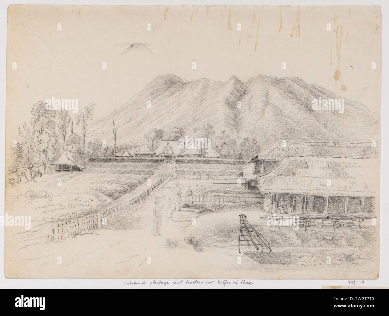 View of Berg and settlement, with sheds for coffee or tea, West Java, Adrianus Johannes Bik, c ...