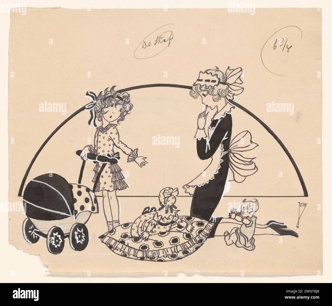 Two girls play with dolls, Jony, 1875 - 1925 drawing One girl stands ...