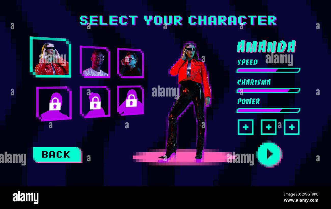 Modern aesthetic artwork. Online gaming. Young woman dressed futuristic ...