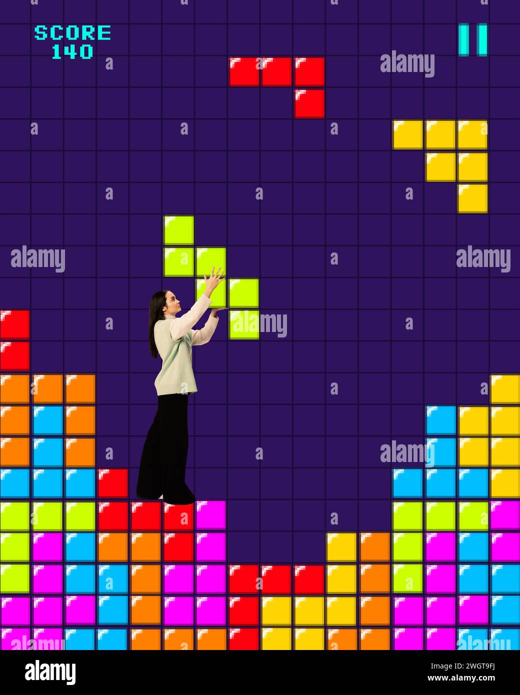 Modern aesthetic artwork. Young woman, student putting colorful box to ...