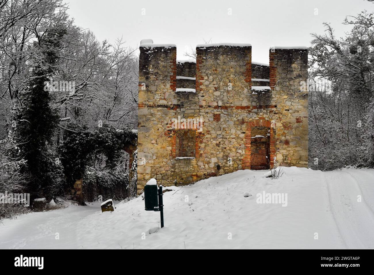 Austria, snow-covered ruins of the Leopold Chapel from the 17th century ...