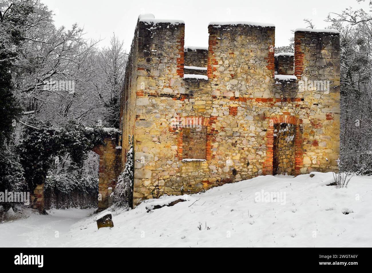 Austria, snow-covered ruins of the Leopold Chapel from the 17th century ...