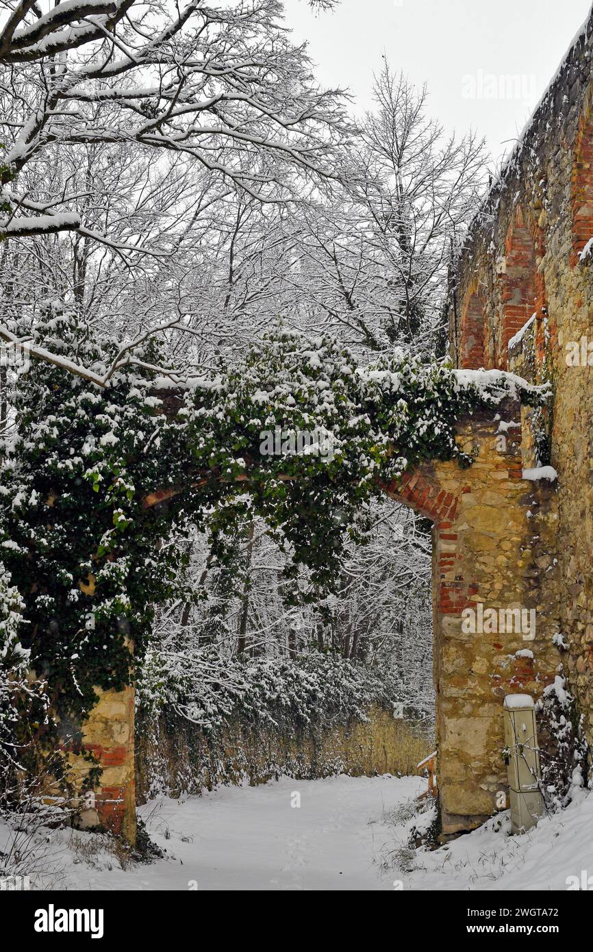 Austria, snow-covered ruins of the Leopold Chapel from the 17th century ...