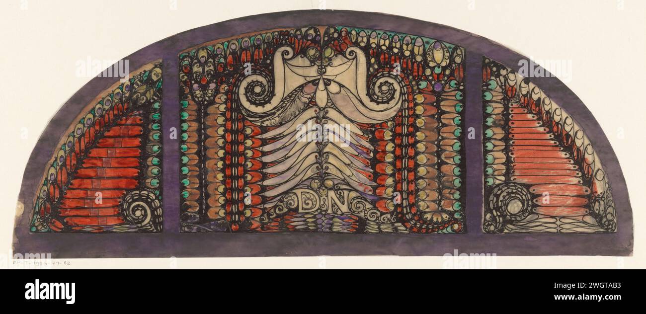 Design for a stained glass window with ornaments and the letters 'DN ...