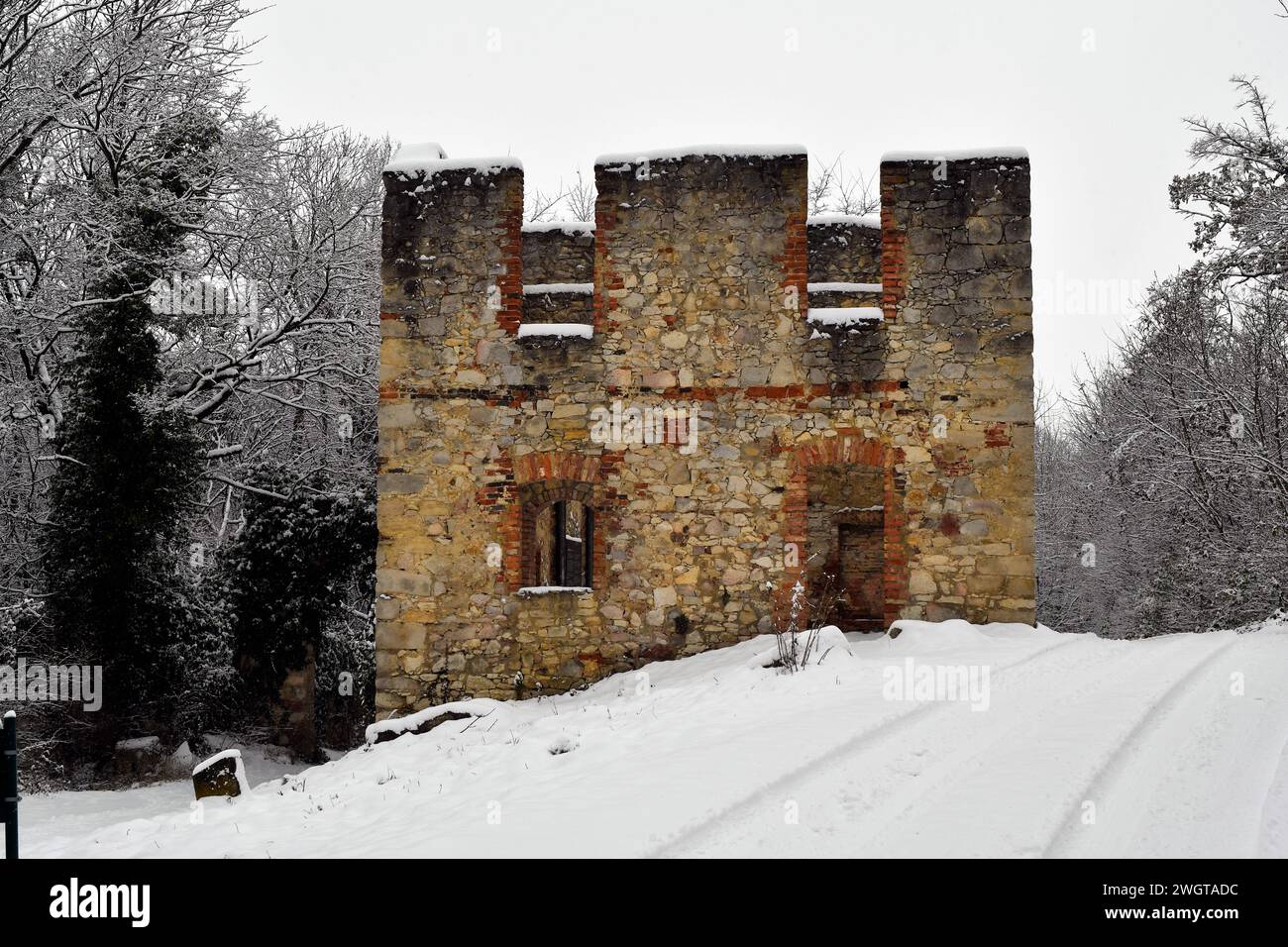 Austria, snow-covered ruins of the Leopold Chapel from the 17th century ...