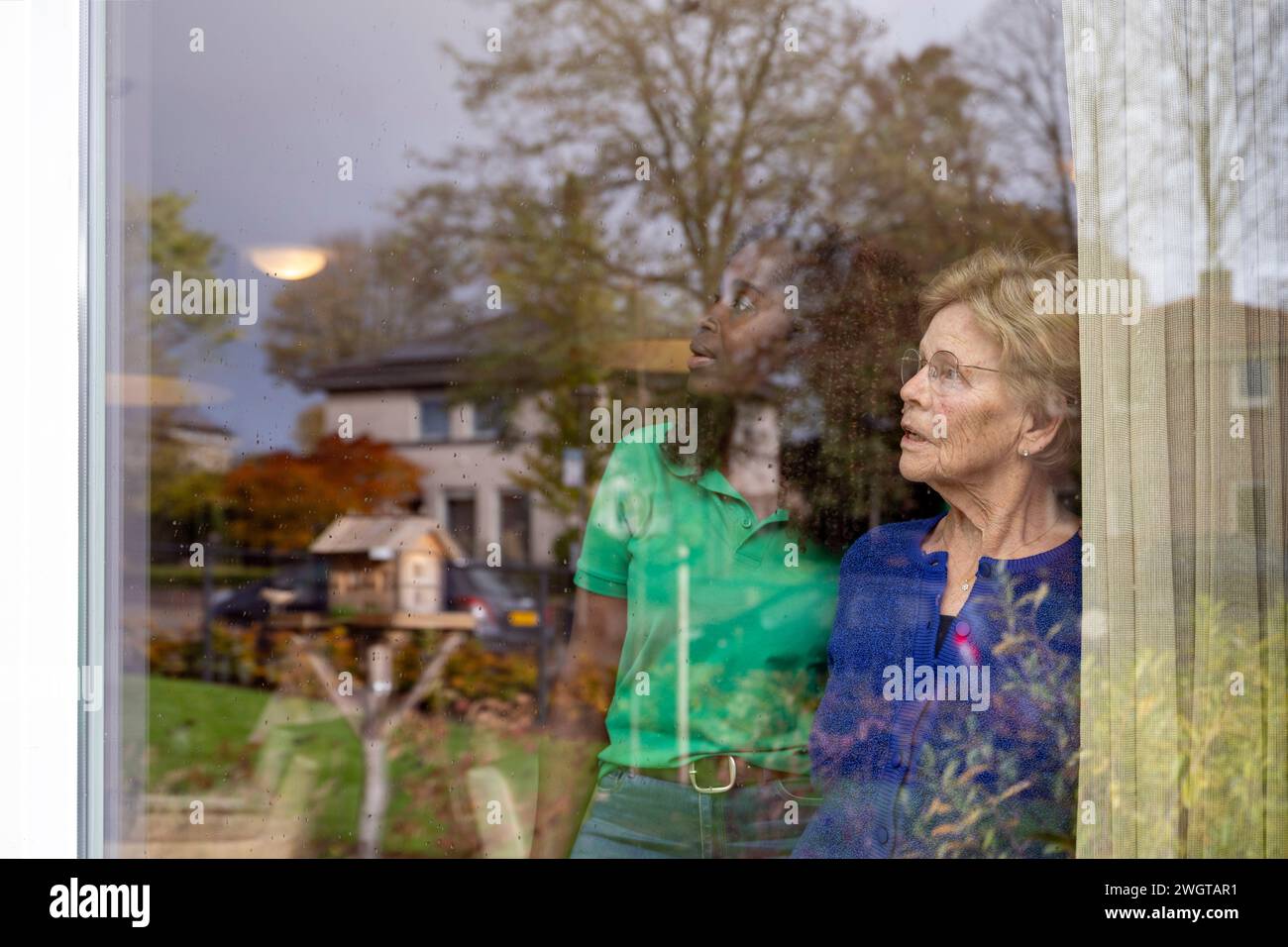 Helper caring for elderly lady Stock Photo - Alamy