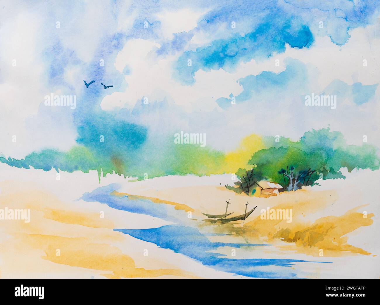 Watercolor painting of Indian village, a house with green forest ...