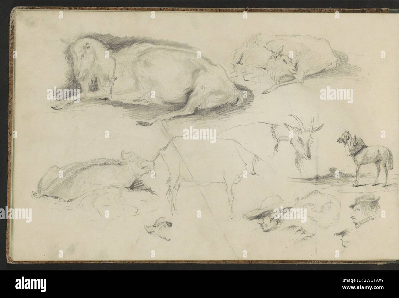 Goats, a horse and men's heads, 1840 Leaf 23 Verso from a sketchbook ...