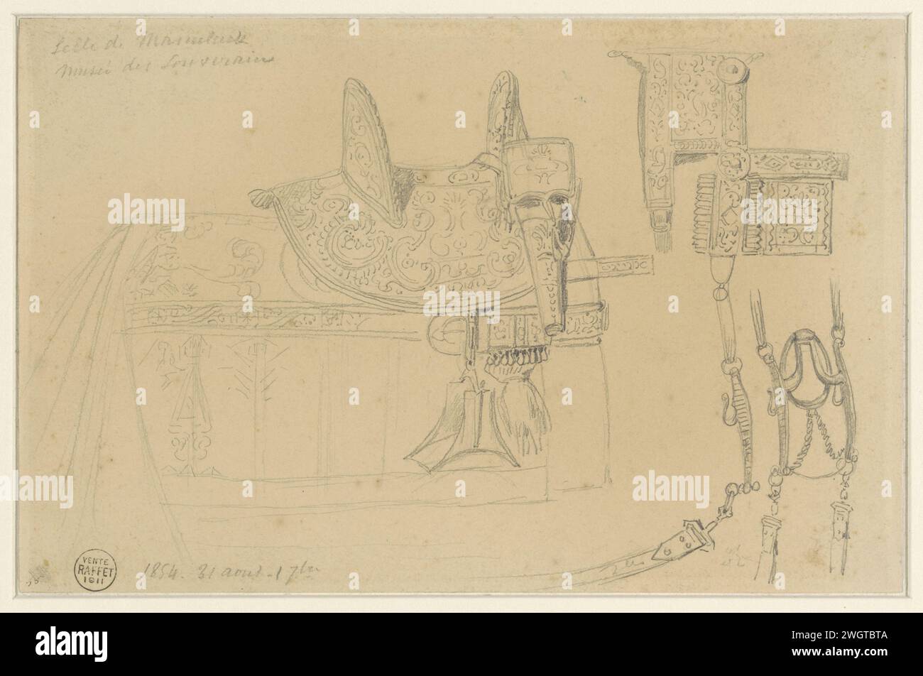 Sketch sheet with saddle of Mammeluk and parts, Denis Auguste Marie ...