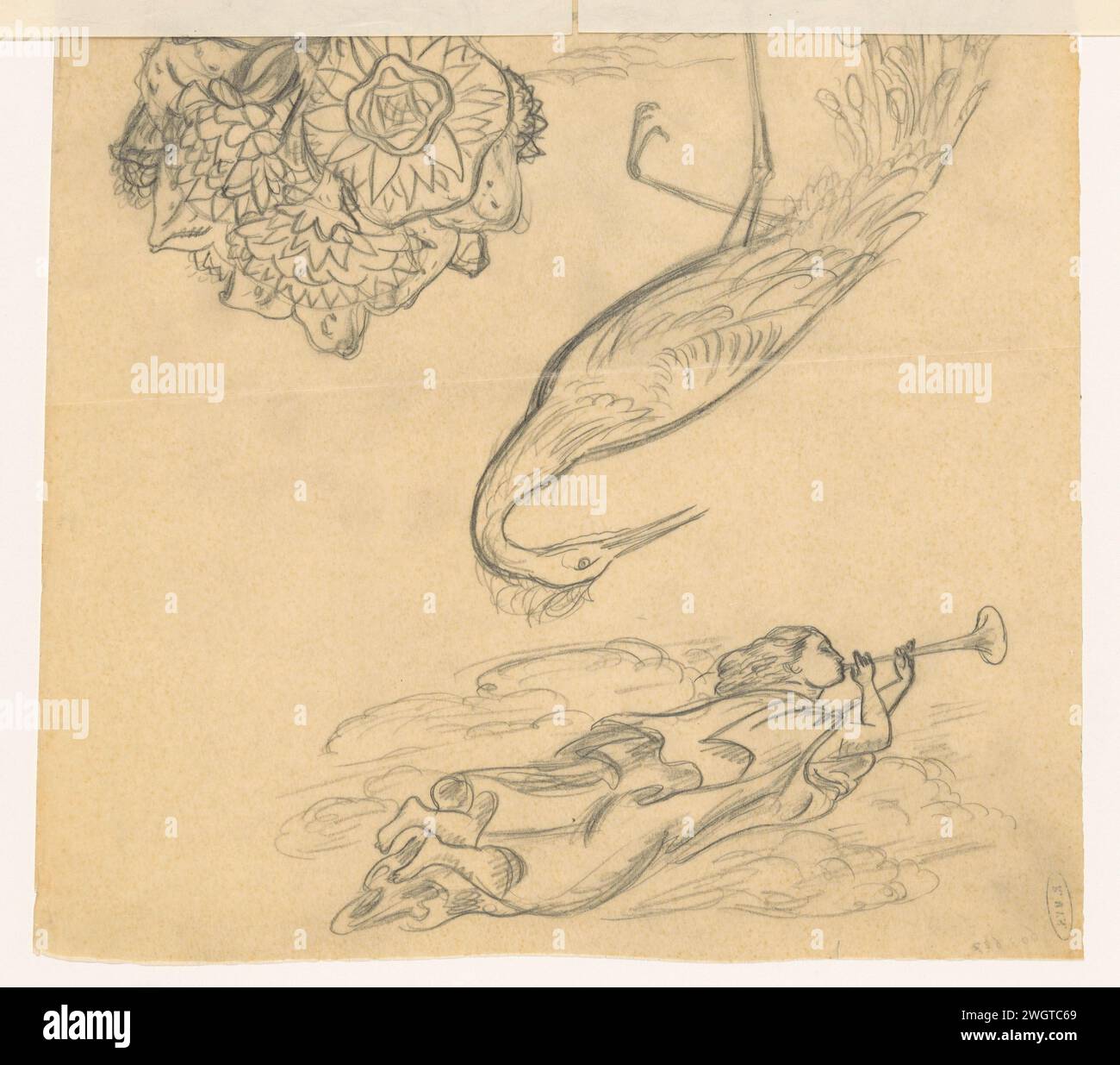 Sketch magazine with floating woman with trumpet, a heron and a basket ...