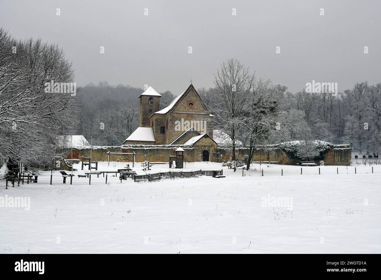 Austria, Winter landscape with St. Anna Monastery in the Mannersdorf ...