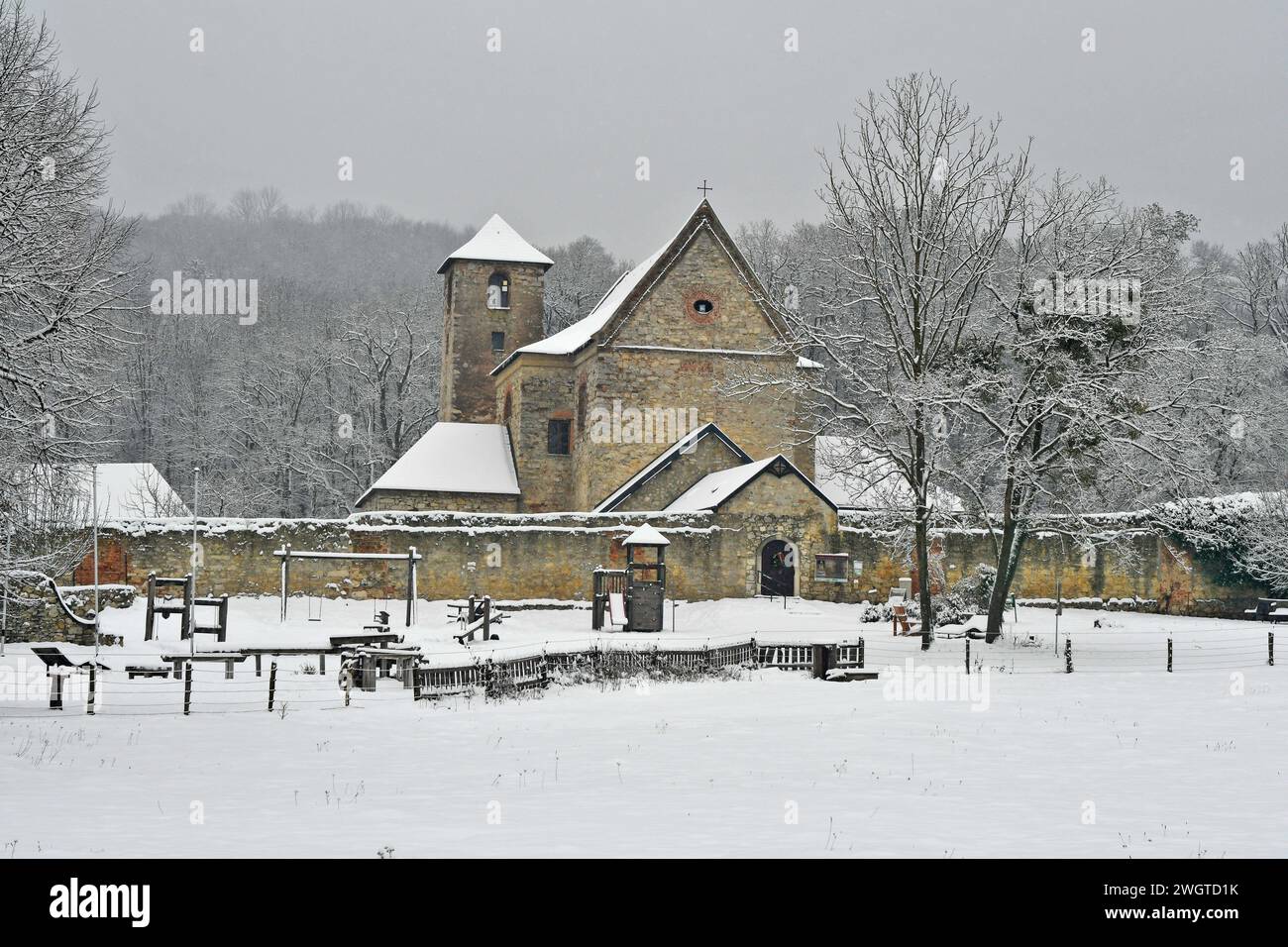 Austria, Winter landscape with St. Anna Monastery in the Mannersdorf ...