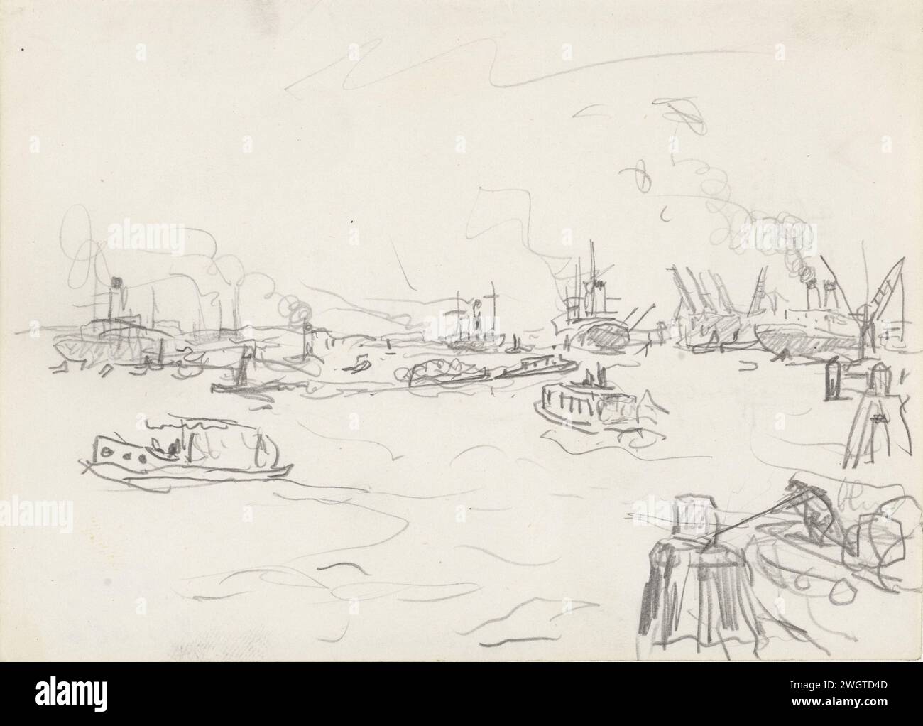 Boats on the IJ, Marius Bauer, 1877 - 1932 drawing paper. pencil ...