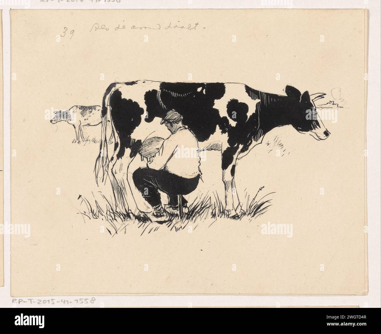 Boer milks a cow, Henri Verstijnen, 1892 - 1940 drawing A farmer is ...