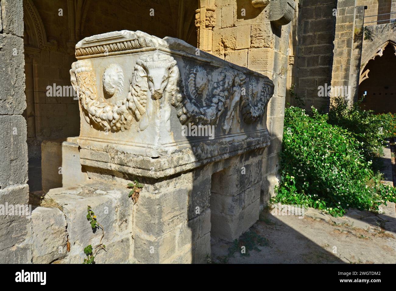 Cyprus, stone sarcophagus in medieval Bellapais Abbey Stock Photo - Alamy