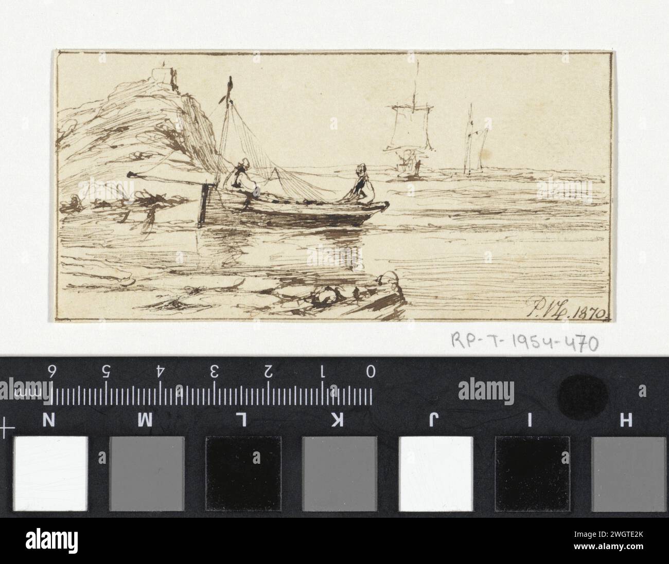 Coastal landscape with a rowing boat, Pieter van Loon, 1870 drawing ...