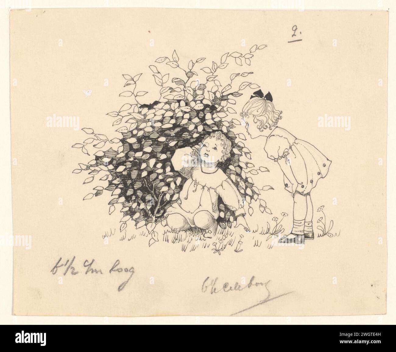 Girl in bushes, anonymous, c. 1890 - c. 1930 drawing A girl kneels in ...