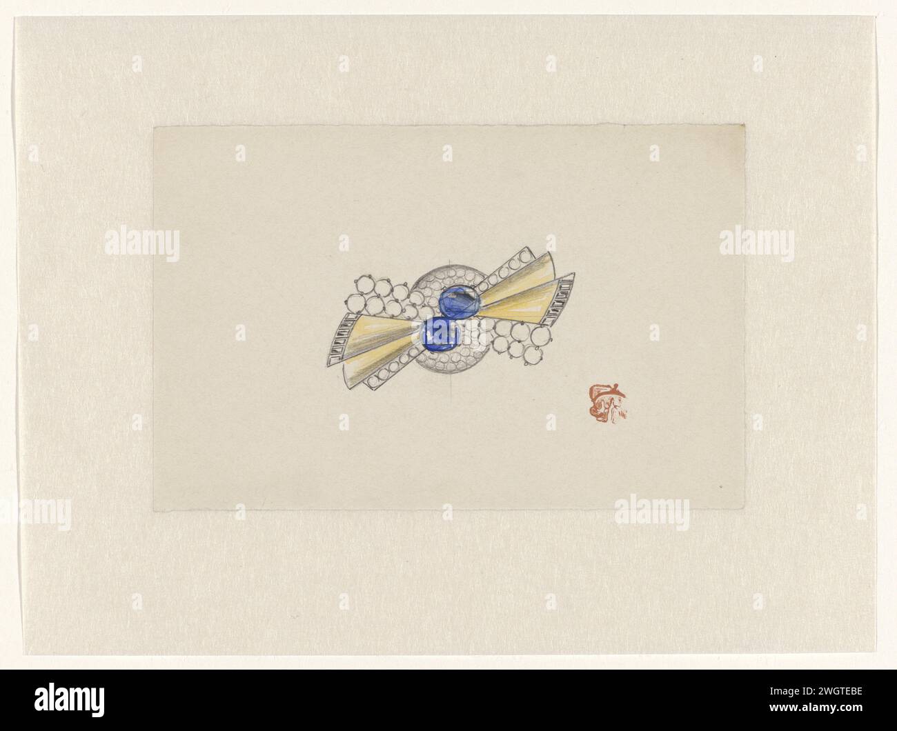 Design for a round jewel with rays, with gold, sapphire and brilliants ...