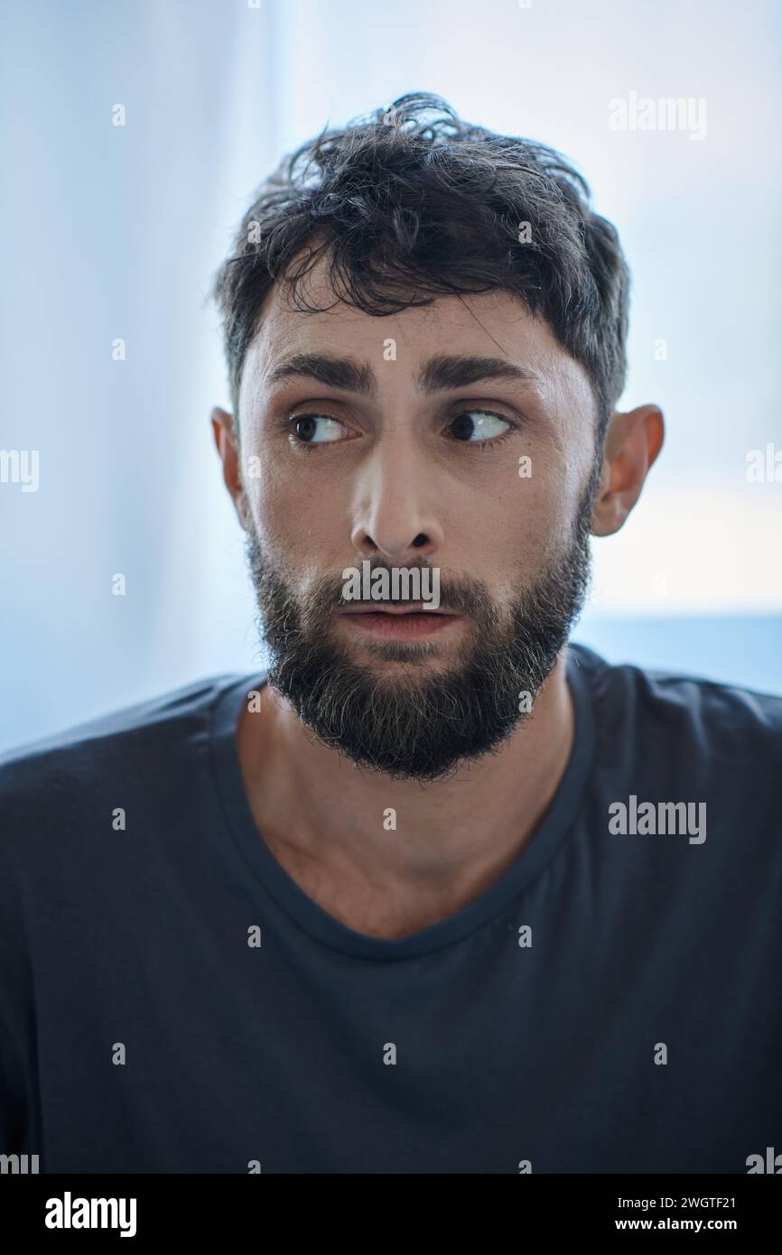 anxious man in everyday t shirt suffering during depressive episode ...