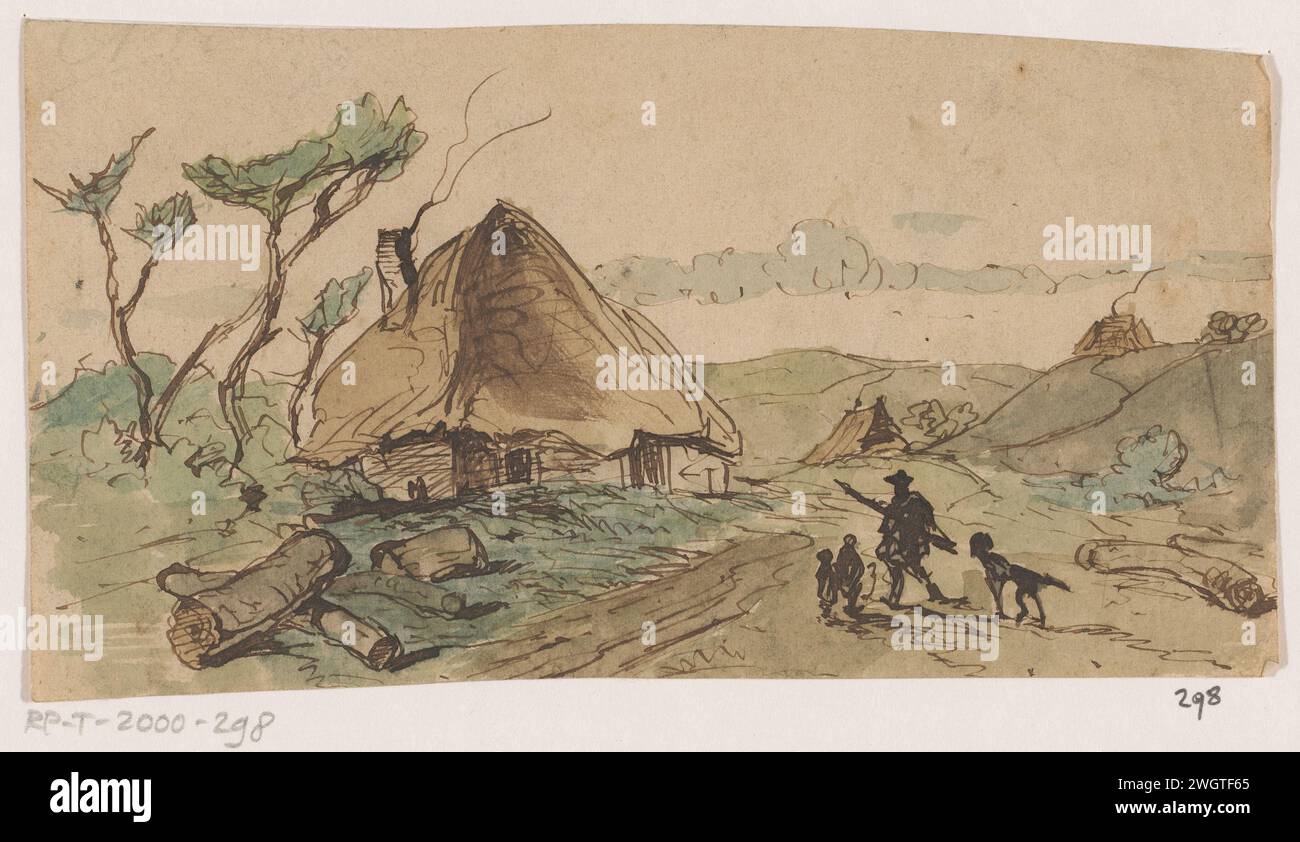 Jager Between Huizen, Johannes Taventrate, 1840 - 1880 drawing A hunter ...