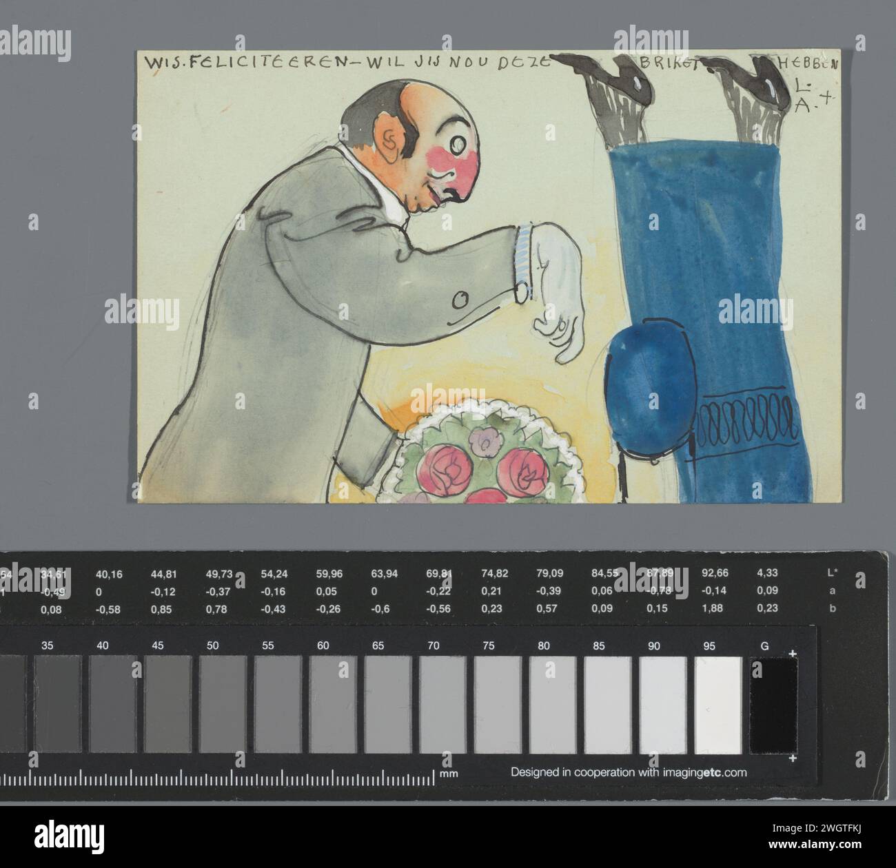 Postcard with a drawing of the lower body of An Overtoom and upper body ...