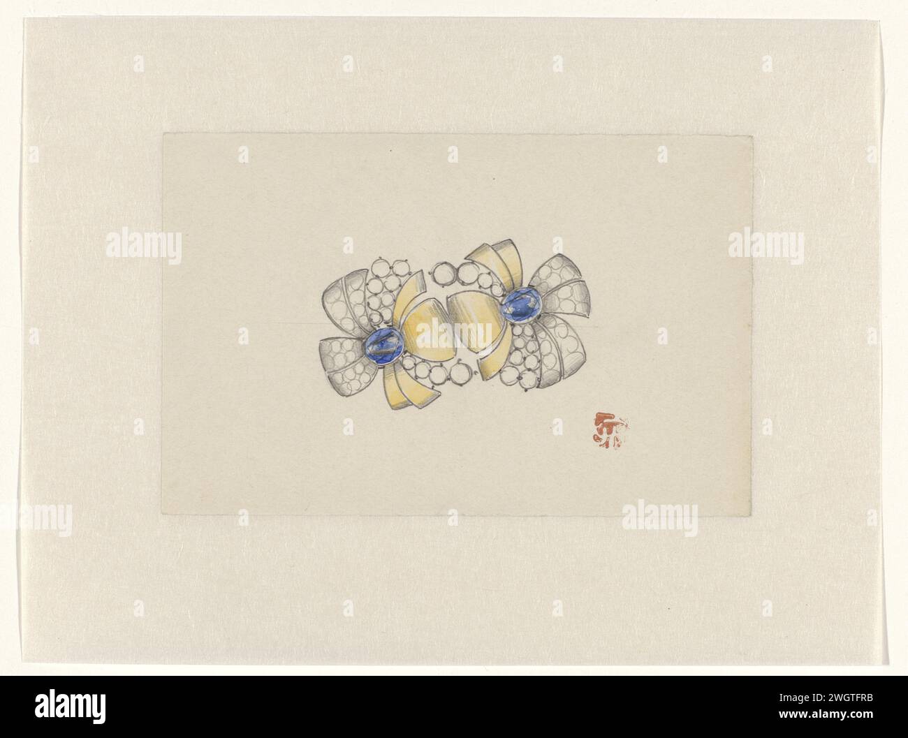Design for jewel in the form of two stylized flowers, with gold and ...