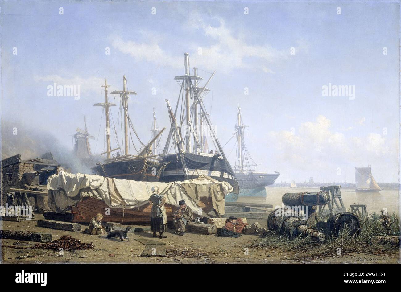 Midday break at a Shipyard on the Maas, Johan Conrad Greive, 1865 ...