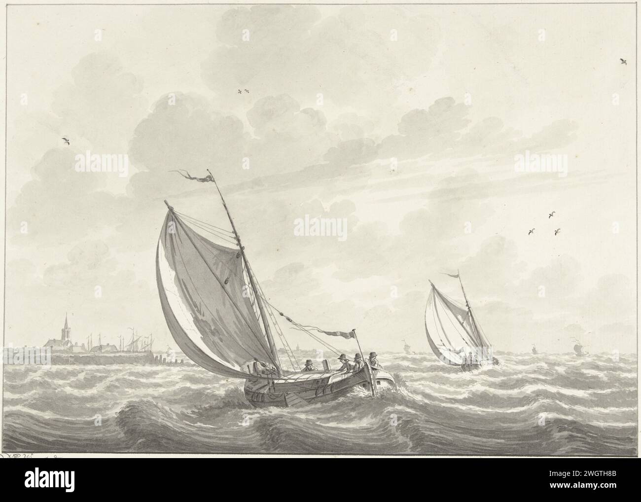 Ship under sail on the Maas, in the distance the villages old and new ...