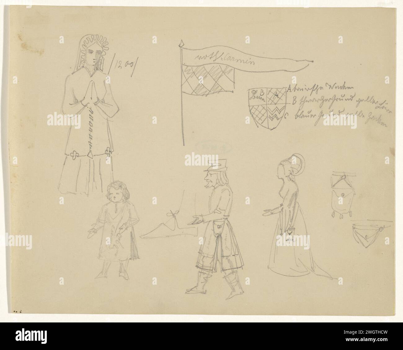 Figures in historic costumes, costume details, a banner and a weapon, c ...