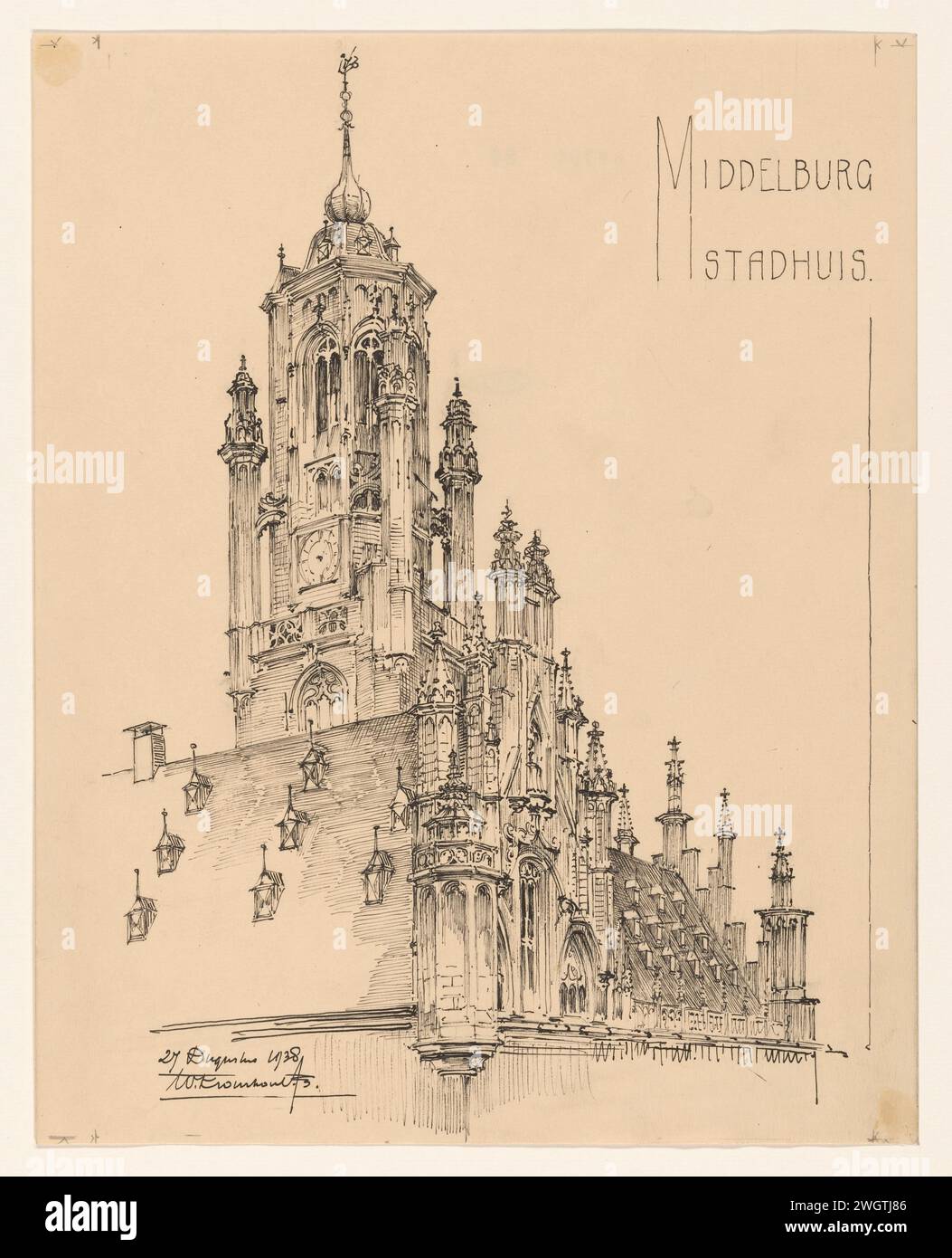 Stadhuis van Middelburg, Willem Kromhout, 1938 drawing paper. ink ...
