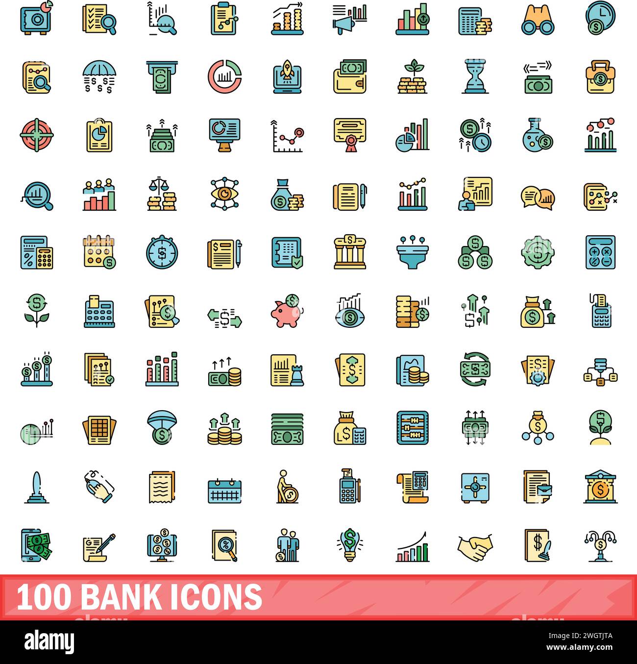 100 bank icons set. Color line set of bank vector icons thin line color ...