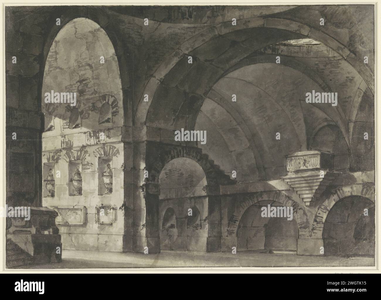 Interior of a large antique building with barrel vaults and a umbrella ...