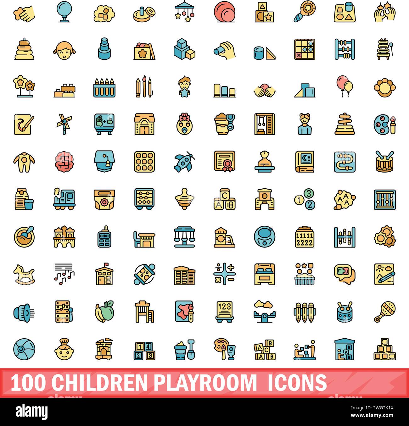 100 children playroom icons set. Color line set of children playroom ...