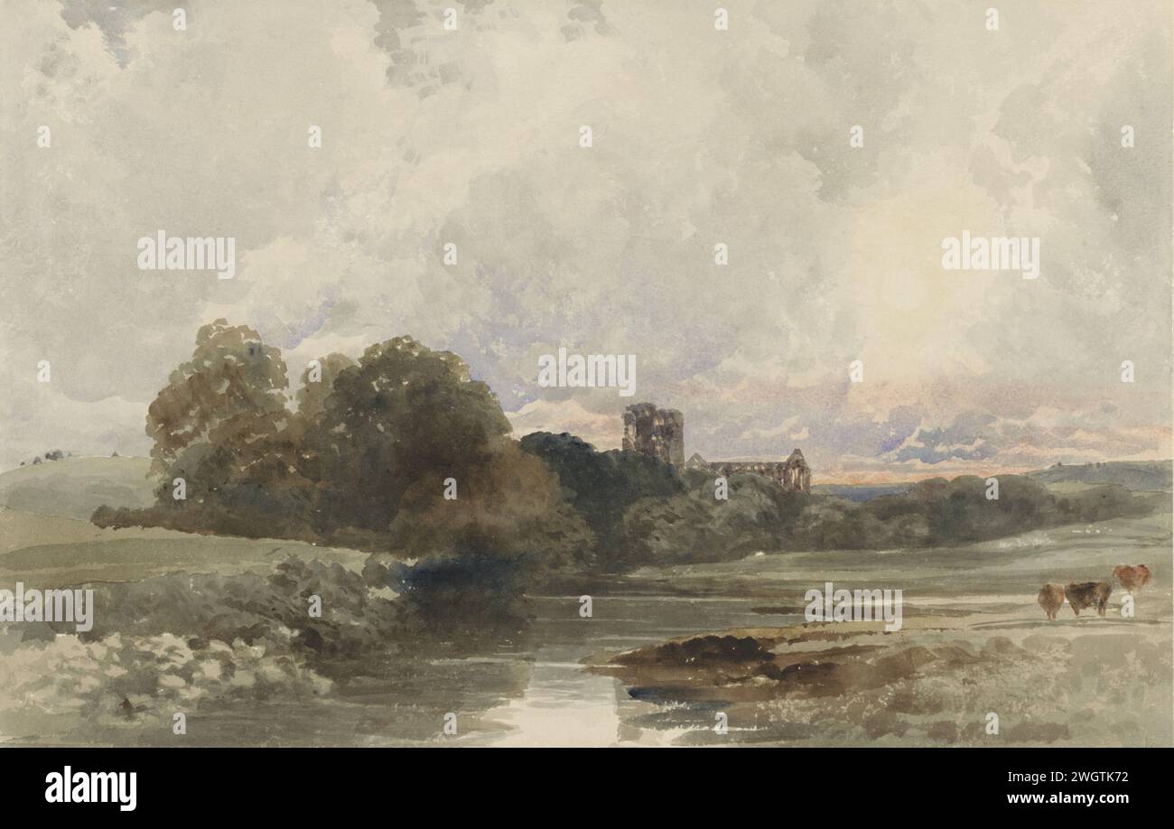 Evening landscape with the ruin of Kirkstall Abbey, Yorkshire, Peter de ...