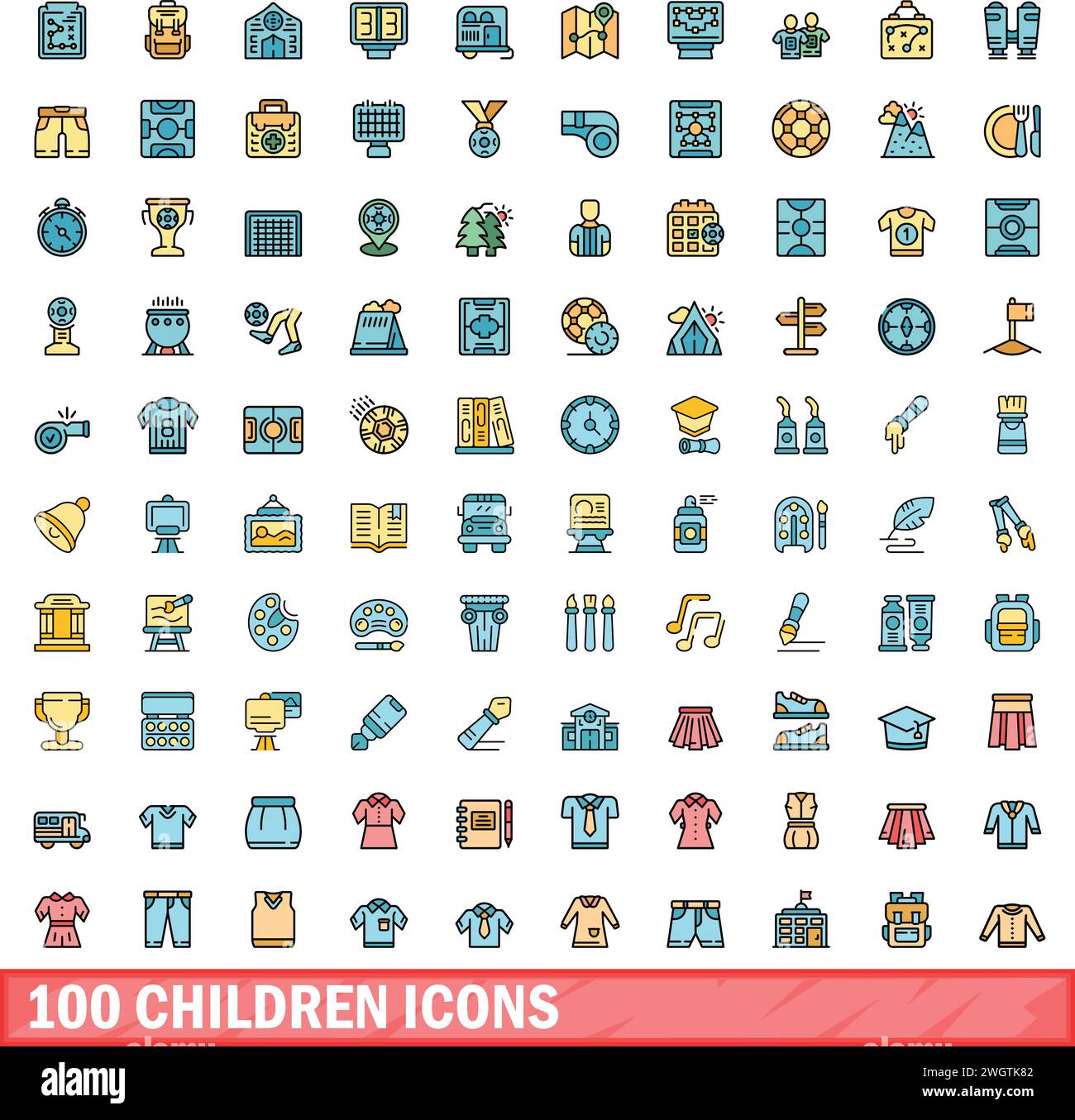 100 children icons set. Color line set of children vector icons thin ...