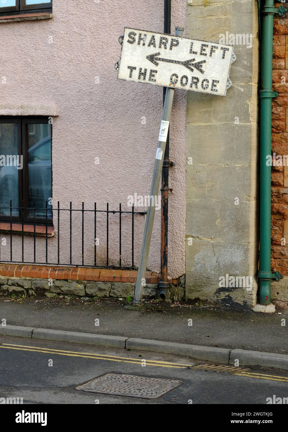 Feburary 2024 - Road sign, Sharp Left the Gorge - Cheddar, Somerset, UK ...
