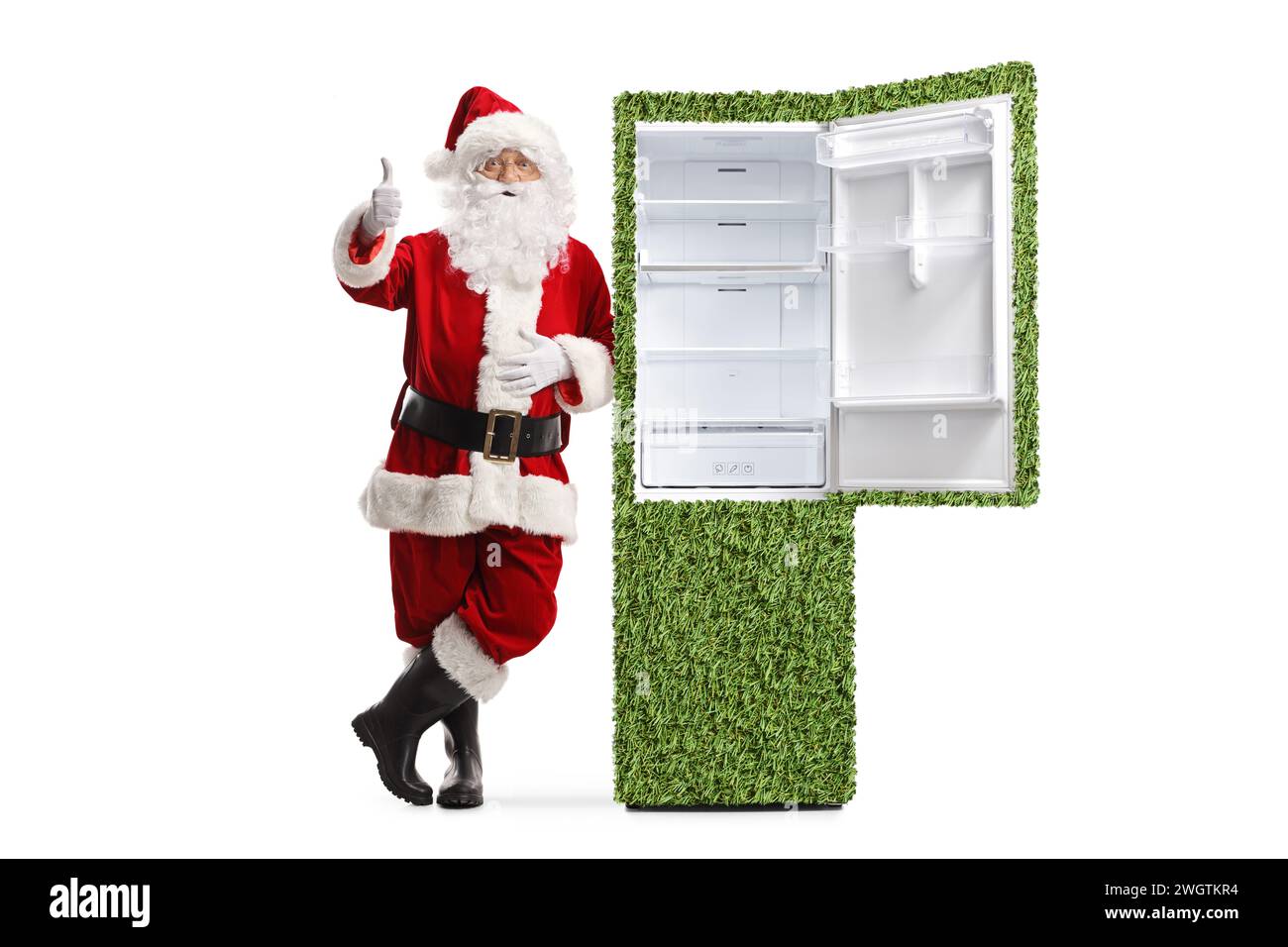 Santa claus leaning on eco friendly fridge and gesturing thumbs up ...