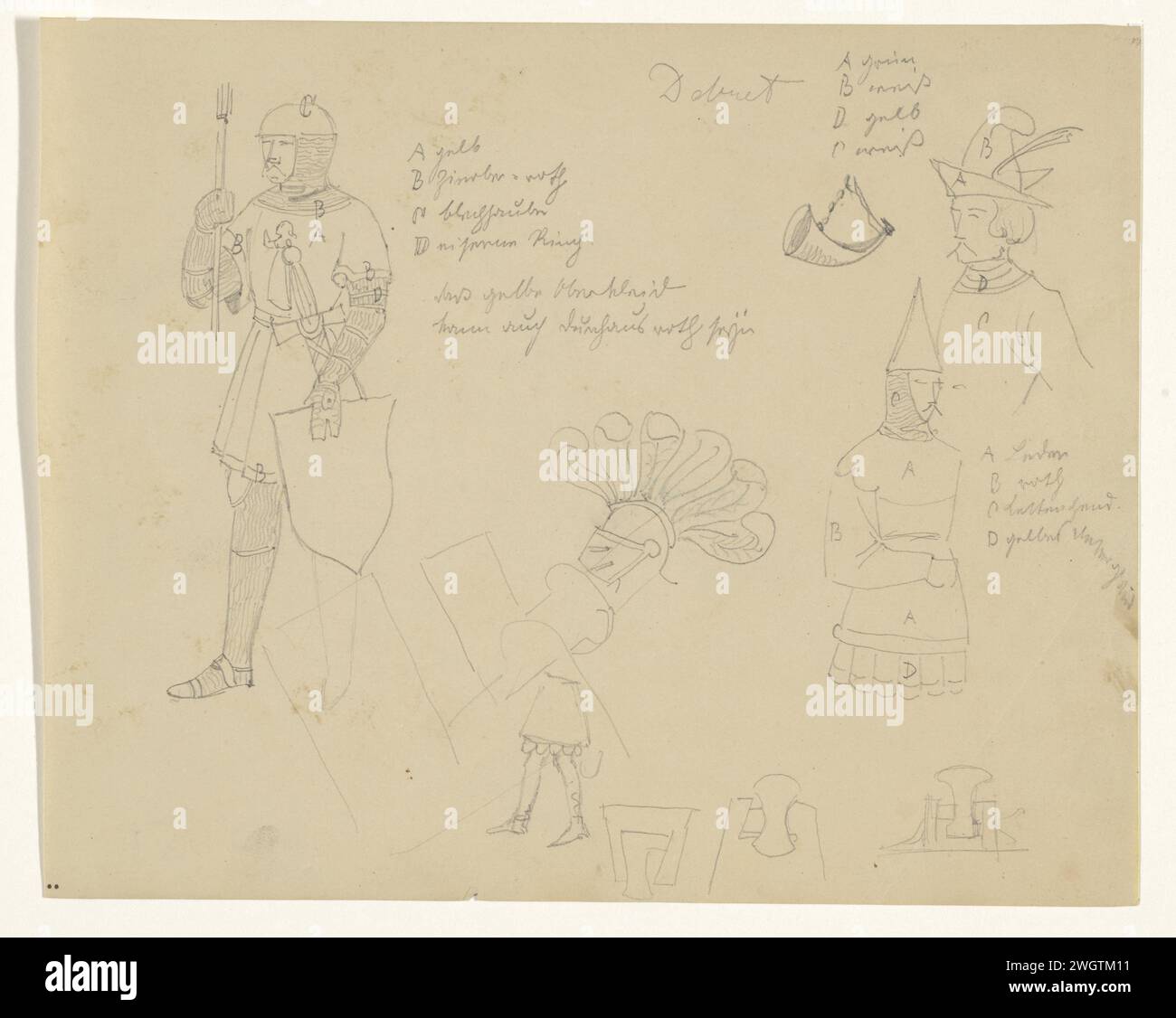 Knights and other figures in medieval costumes, and costume details, c ...