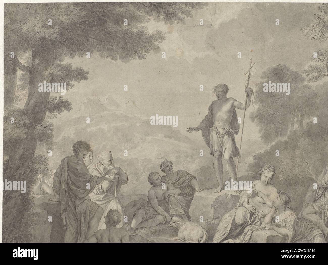 Preaching of Johannes de Baptist, in landscape, Nicolaas Verkolje, 1683 ...