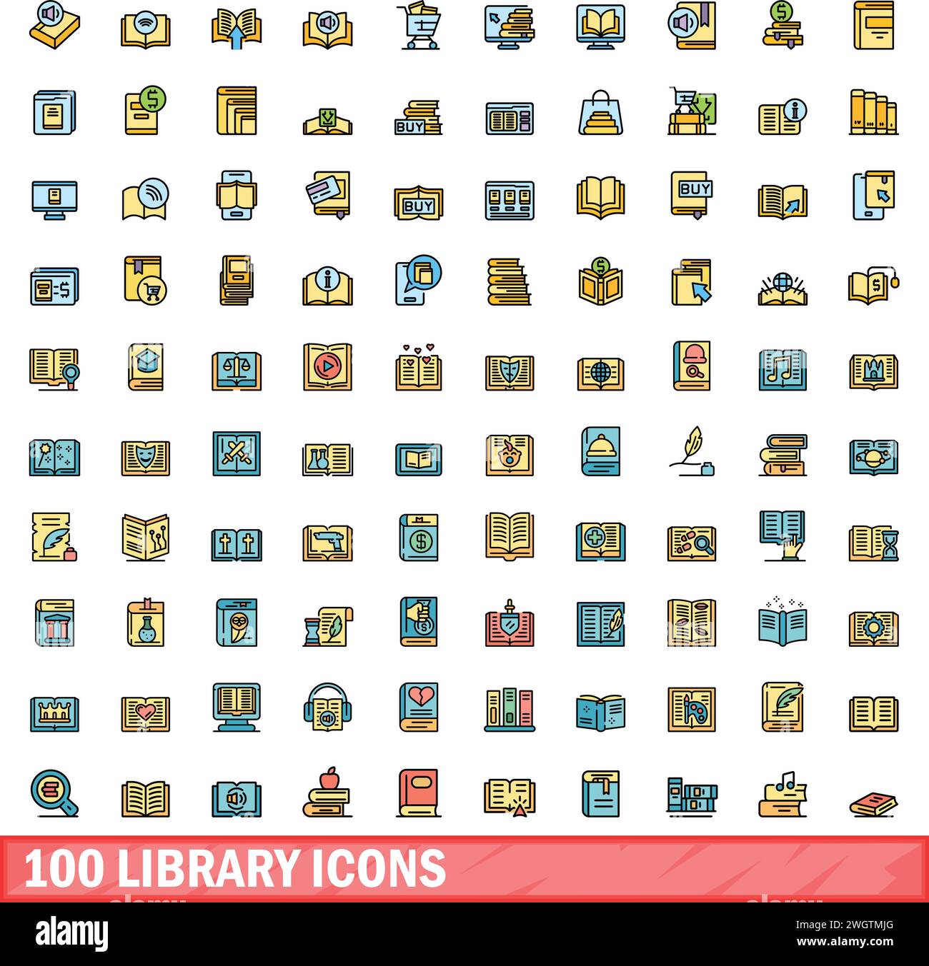 100 library icons set. Color line set of library vector icons thin line ...