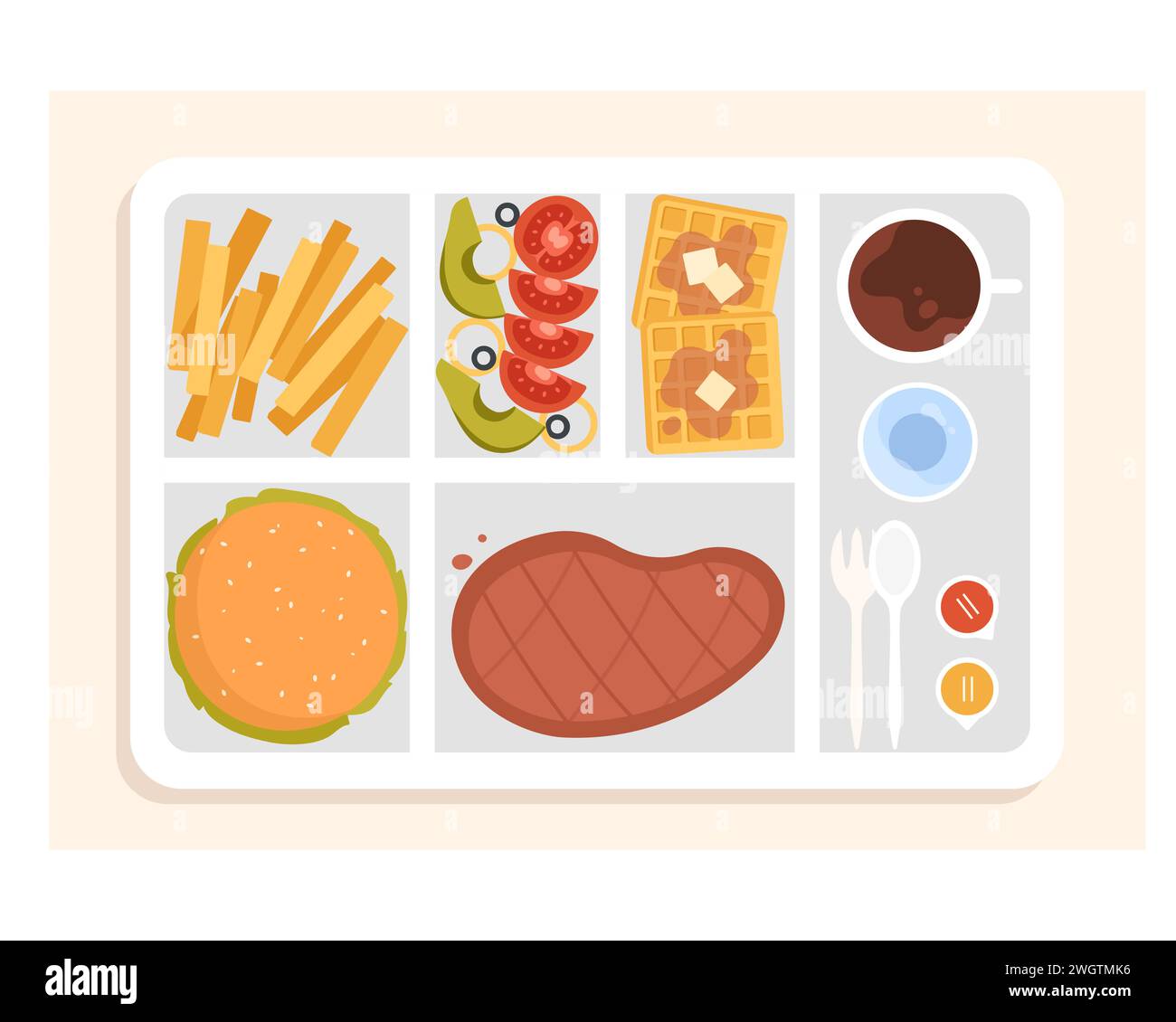 Airplane lunch tray. Cabin crew food service, dinner on the plane ...