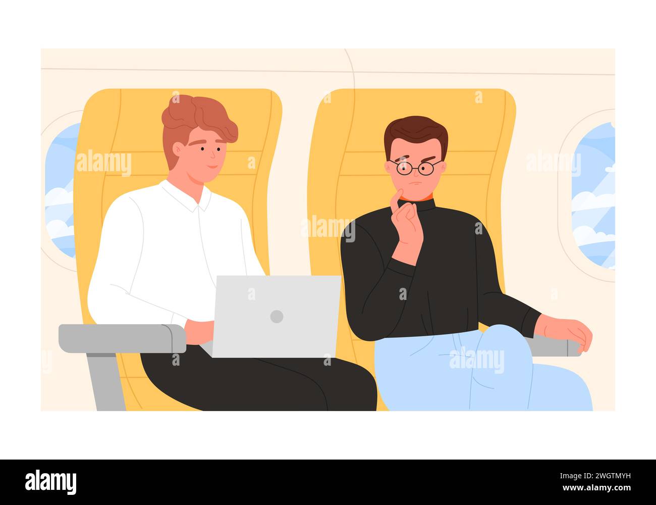 Passengers travelling with plane. Guy using laptop during the flight ...