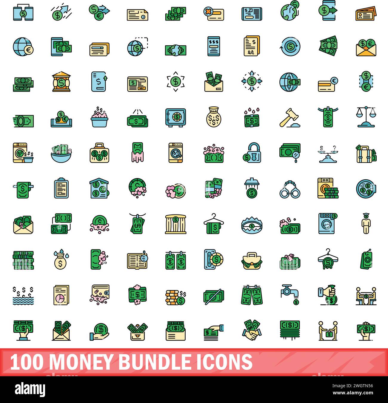 100 money bundle icons set. Color line set of money bundle vector icons ...